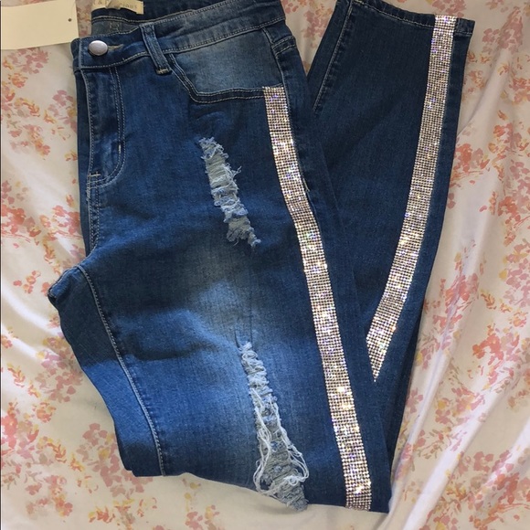 Jeans | Distressed Denim Jeans With Rhinestones | Poshmark